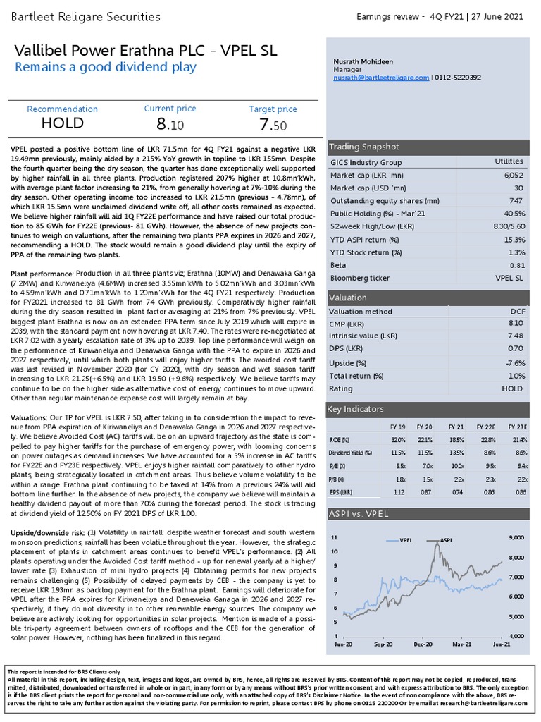 Vallibel Power Erathna PLC (VPEL) - 4Q FY21 - HOLD | PDF | Stocks ...