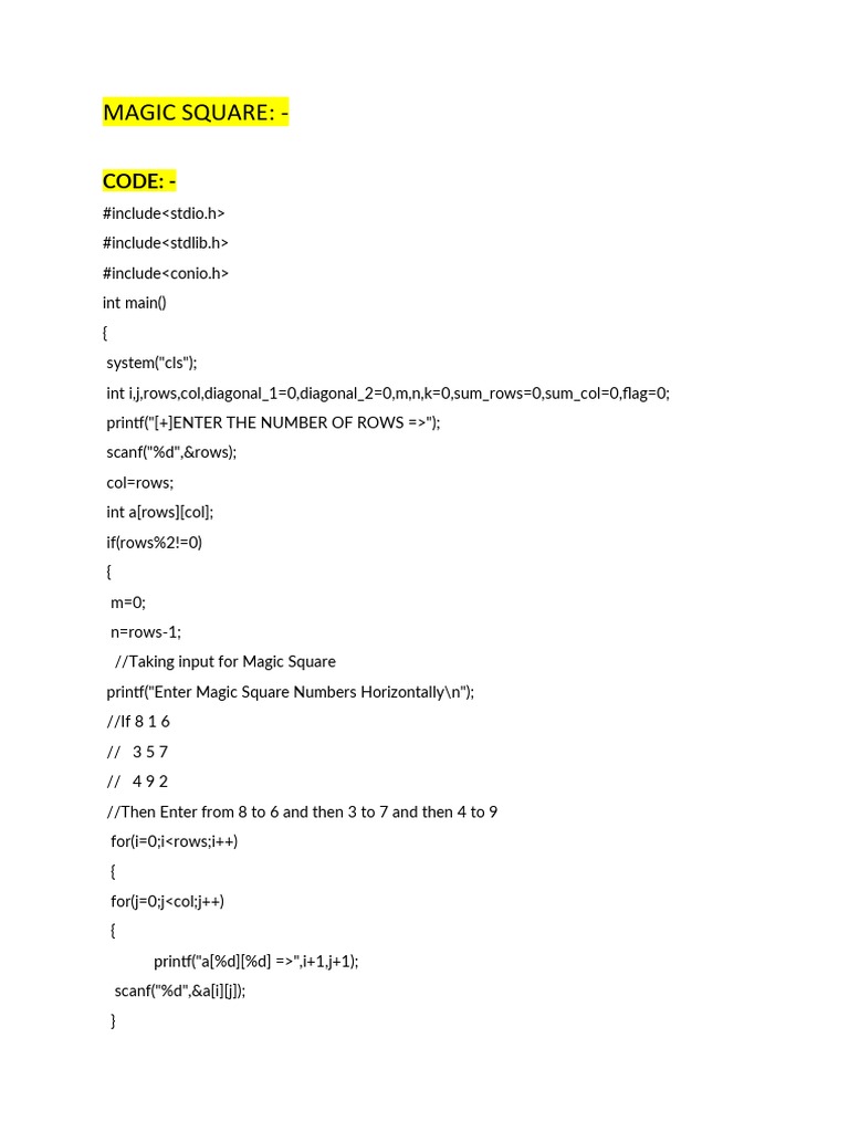 Magic Square: - : Code | PDF | Matrix (Mathematics) | Theoretical ...