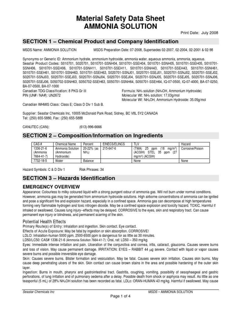 Msds Amonia | Download Free PDF | Resource Conservation And Recovery ...