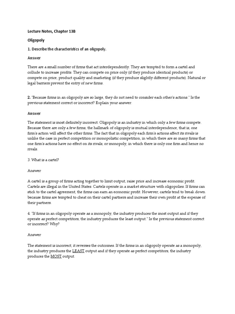 Describe The Characteristics of An Oligopoly. Answer: Lecture Notes ...
