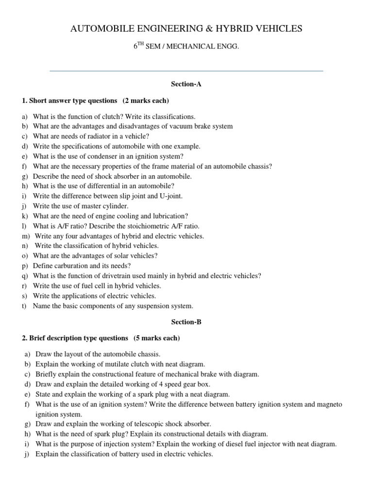 Automobile Engineering Question Bank (6th Mech) | PDF | Hybrid Vehicle ...