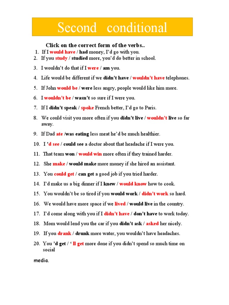 Second Conditional: Click On The Correct Form of The Verbs. | PDF