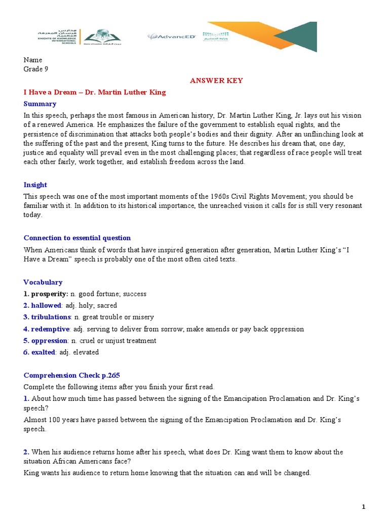Answer Key I Have A Dream - Dr. Martin Luther King: 1. Prosperity: N ...