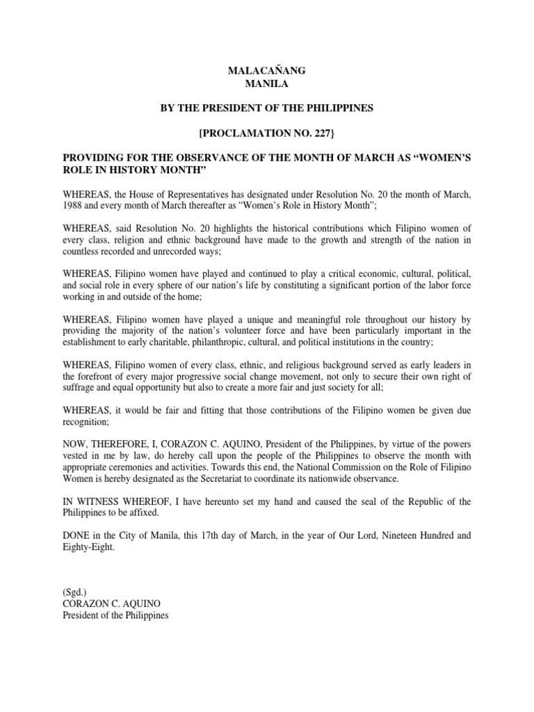Proclamation-227 Womens Role in History Month | PDF | Social Science