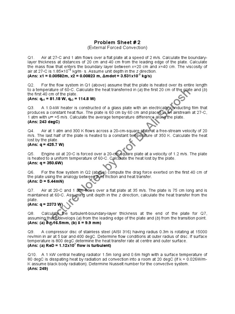 Problem Sheet 3 - External Forced Convection - Watermark | PDF | Boundary Layer | Heat Transfer