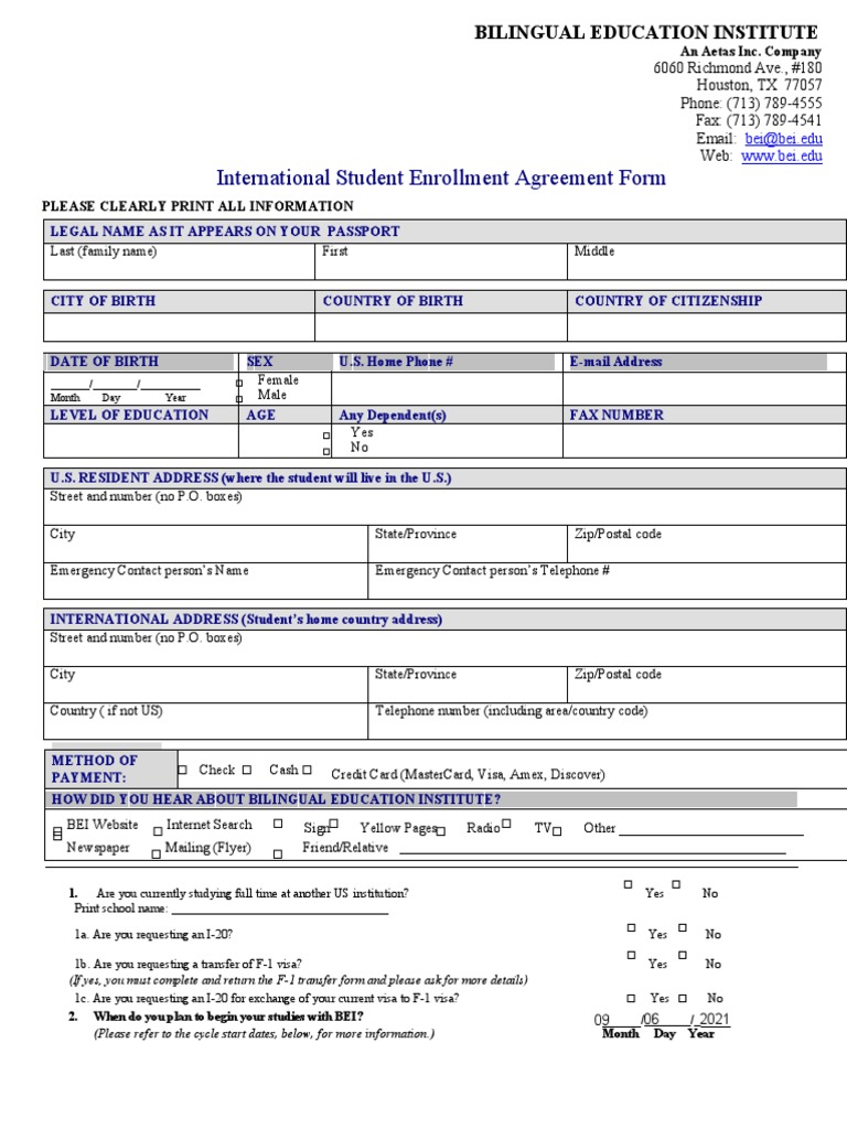 International Student Enrollment Agreement Form: An Aetas Inc. Company ...