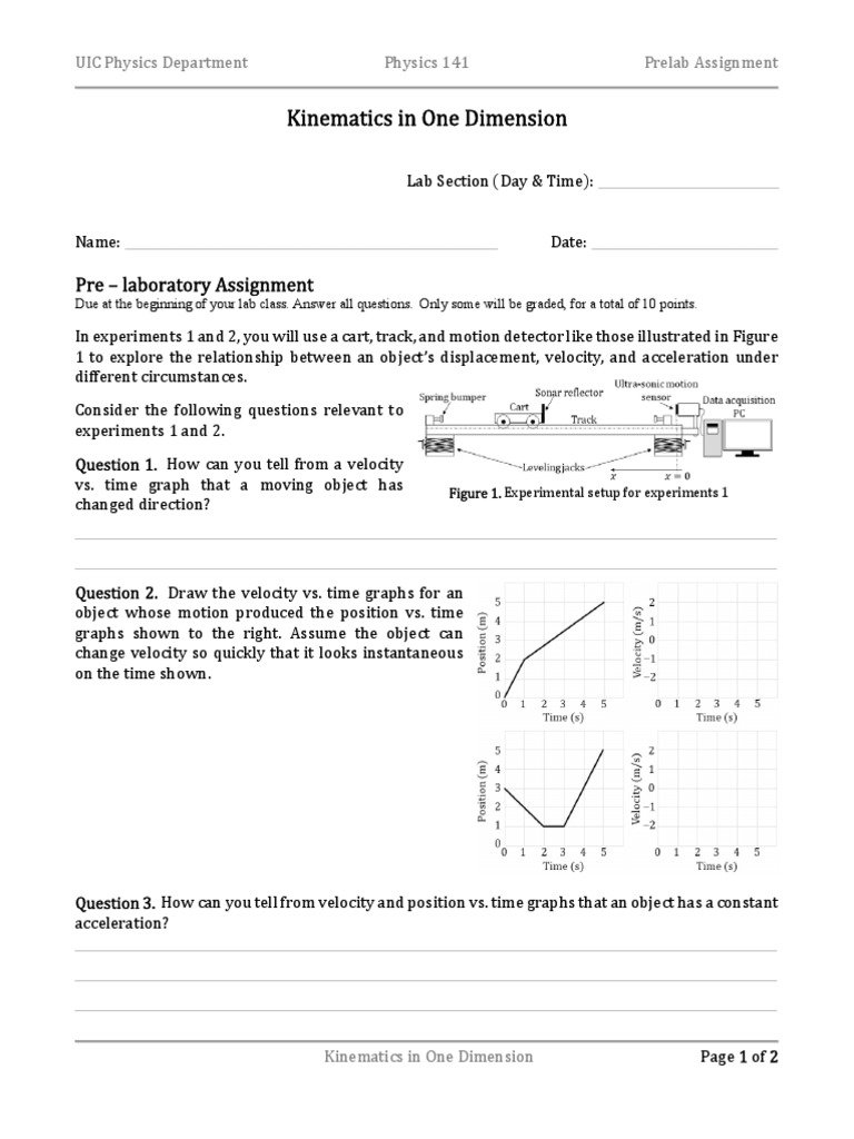 Kinematics in One Dimension: Pre - Laboratory Assignment | PDF ...