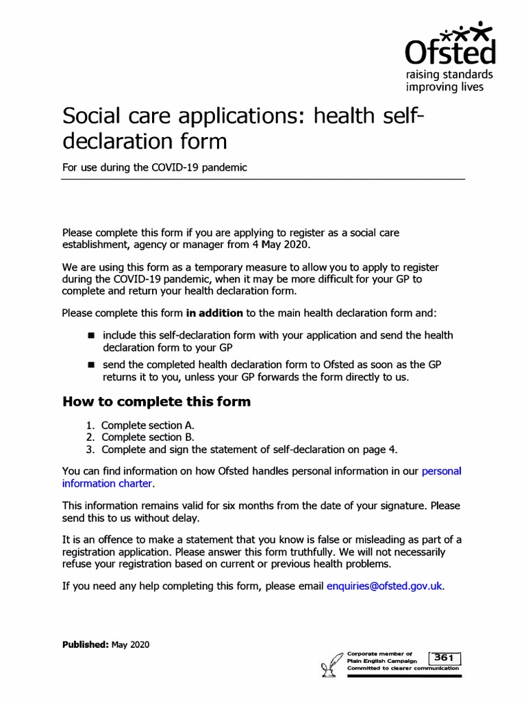 Social Care Health Self-Declaration Form For Use During COVID-19 ...