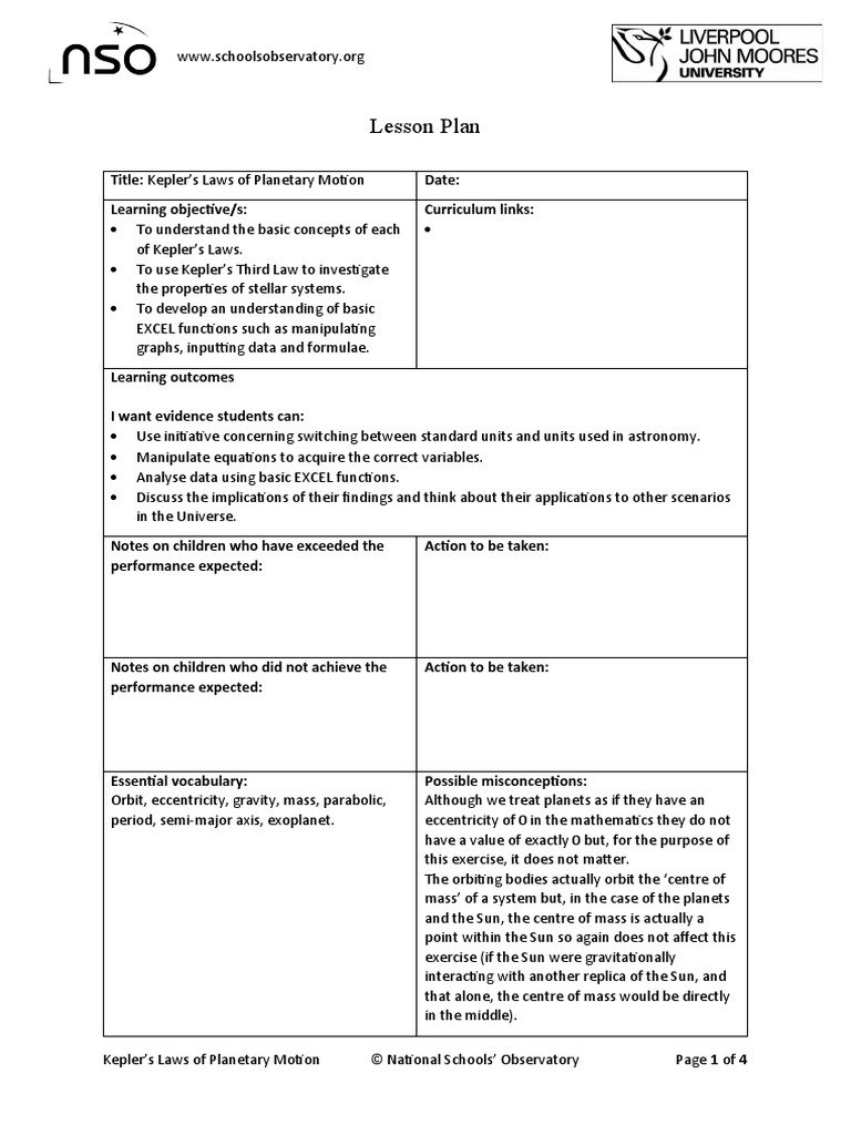 Kepler's Laws Lesson Plan | PDF | Orbit | Mass