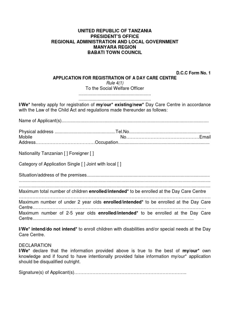 D.C.C Form No. 1 Application For Registration of A Day Care Centre ...