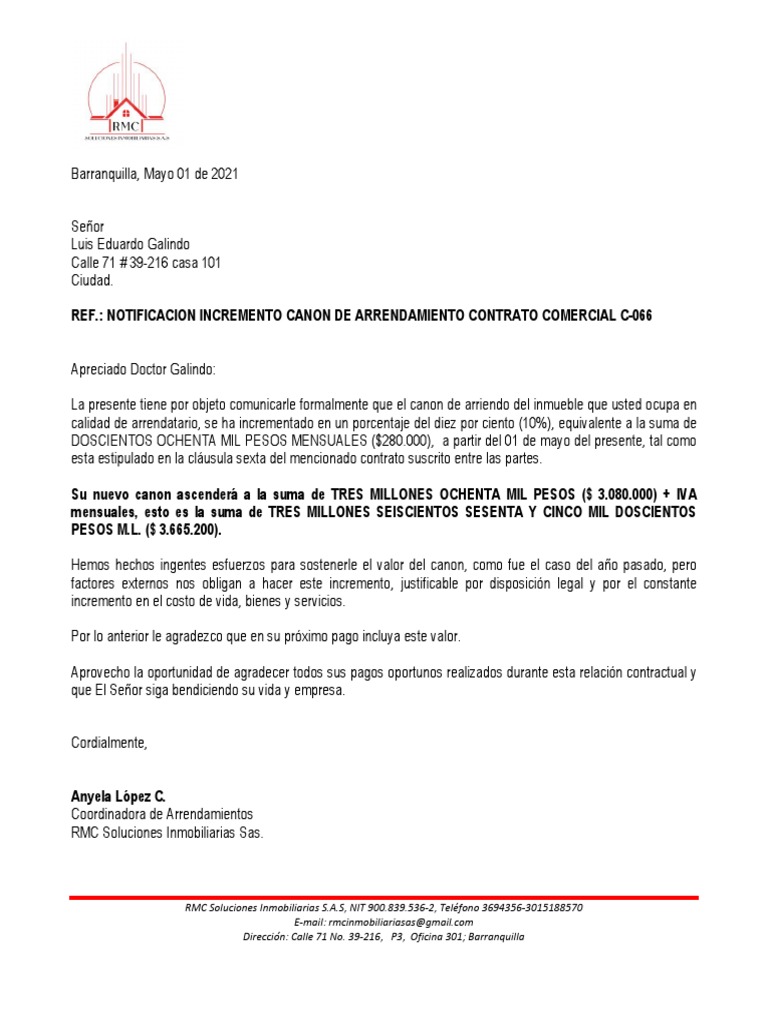 Carta Incremento Canon de Arriendo | PDF