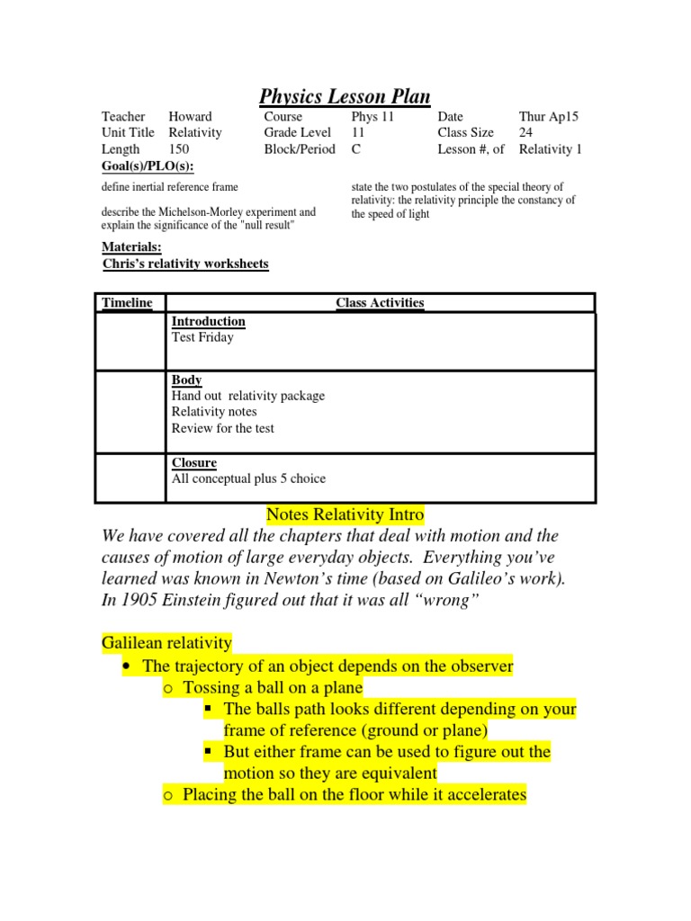 Physics Lesson Plan: Goal(s) /PLO(s) | PDF | Special Relativity ...