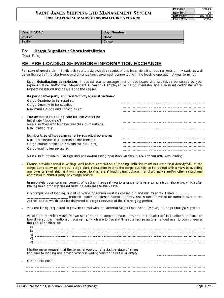 VO-43.00 (Pre Loading Ship Shore Information Exchange) | PDF | Cargo ...