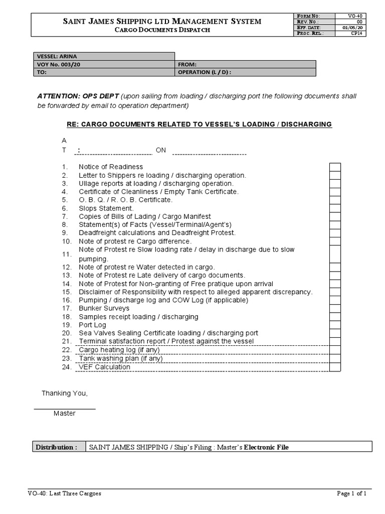 VO-40.00 (Cargo Documents DIspatch) | PDF | Cargo | Bill Of Lading