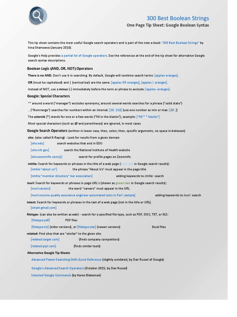 300 Best Boolean Strings: One Page Tip Sheet: Google Boolean Syntax | PDF | Web Search Engine ...