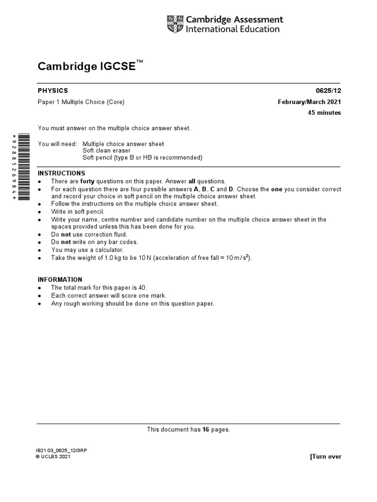 IGCSE Physics 0625-12 Paper 1 | PDF | Rocket | Light
