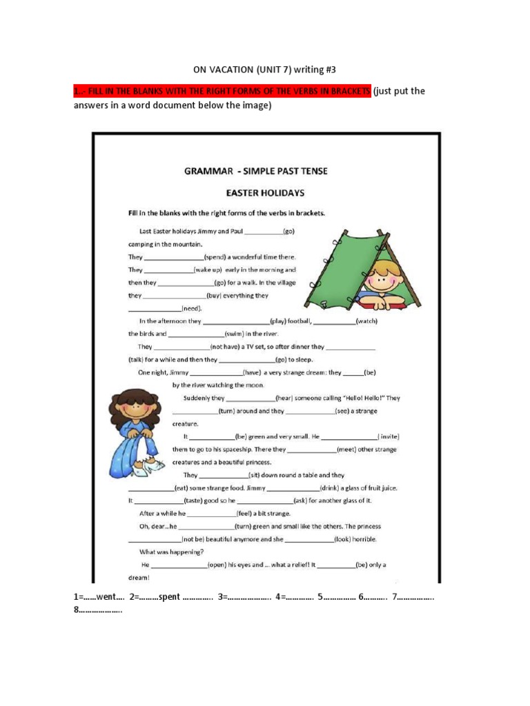 ON VACATION (UNIT 7) Writing #3 (Just Put The Answers in A Word ...