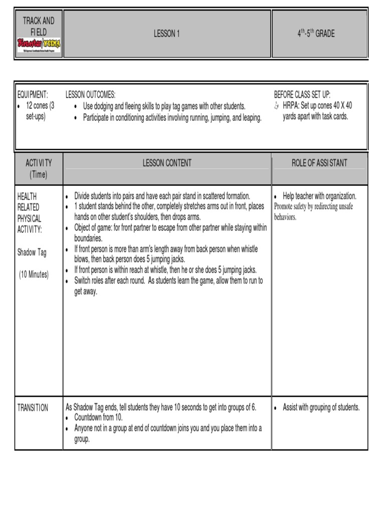 Track and Field Lesson 1 4 - 5 Grade: TH TH | PDF | Running | Physical ...