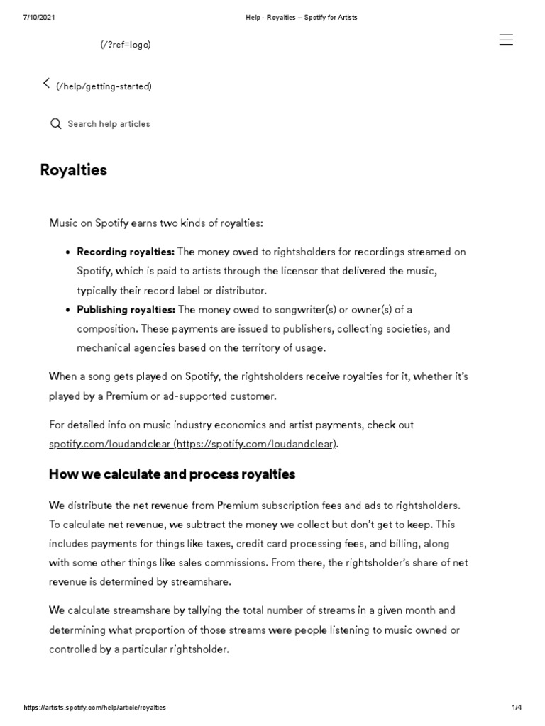 Help - Royalties - Spotify For Artists | PDF | Royalty Payment | Spotify