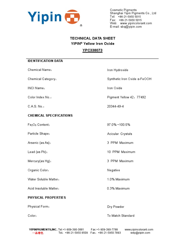 Technical Data Sheet Yipin Yellow Iron Oxide YPC338073 | PDF ...