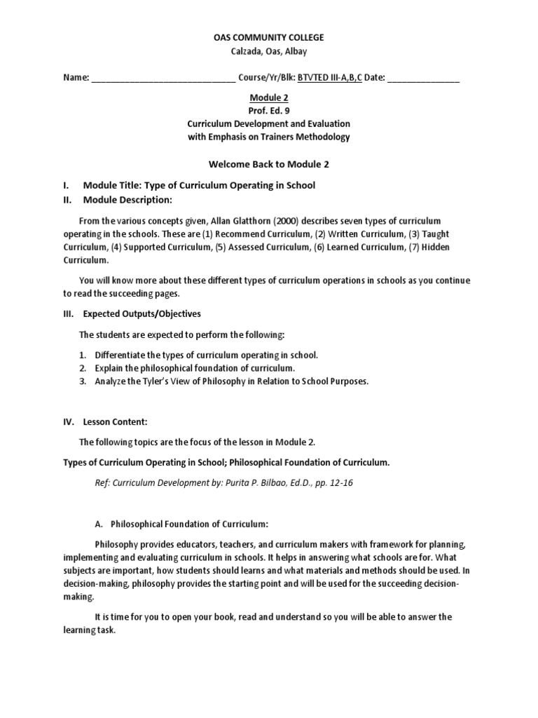 Prof. Ed 9 Module 2 | PDF | Curriculum | Education Theory