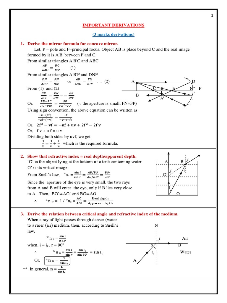 Important Derivations OPTICS | PDF | Diffraction | Refractive Index