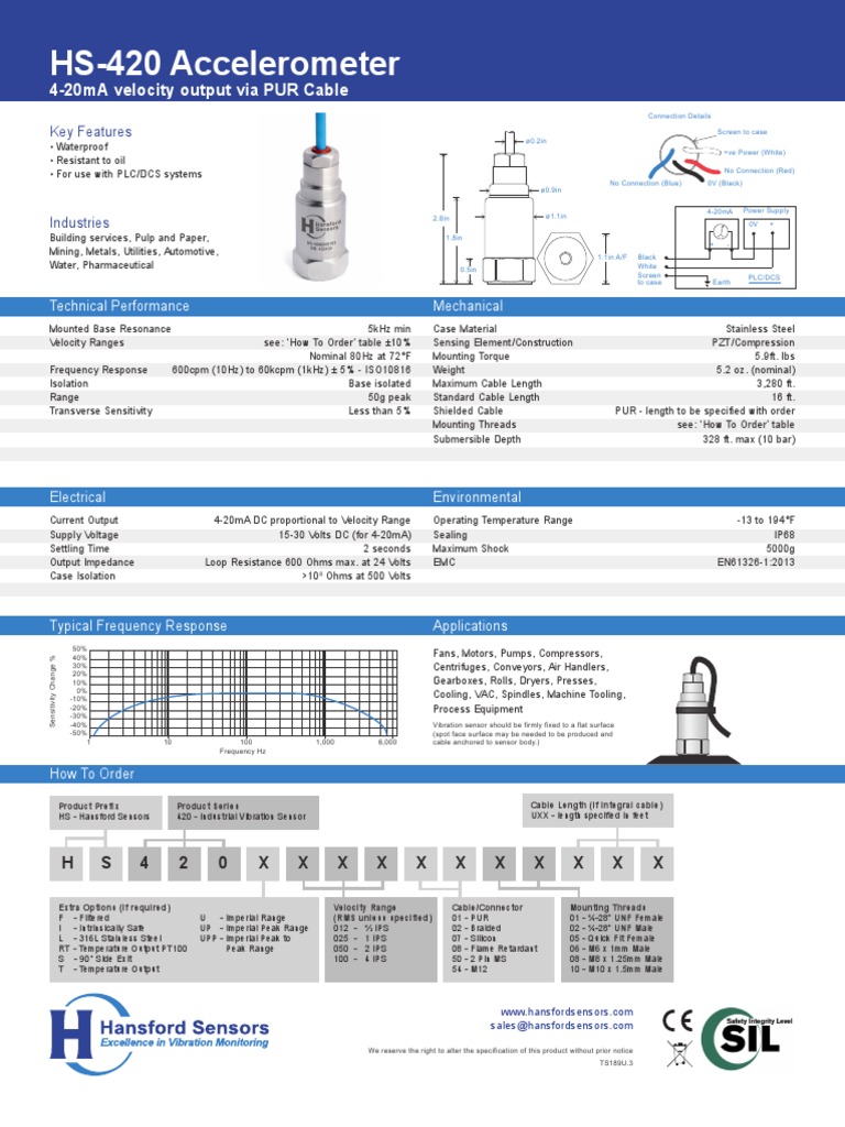 HS-420 Accelerometer: 4-20ma Velocity Output Via PUR Cable | PDF | Direct Current | Electrical ...