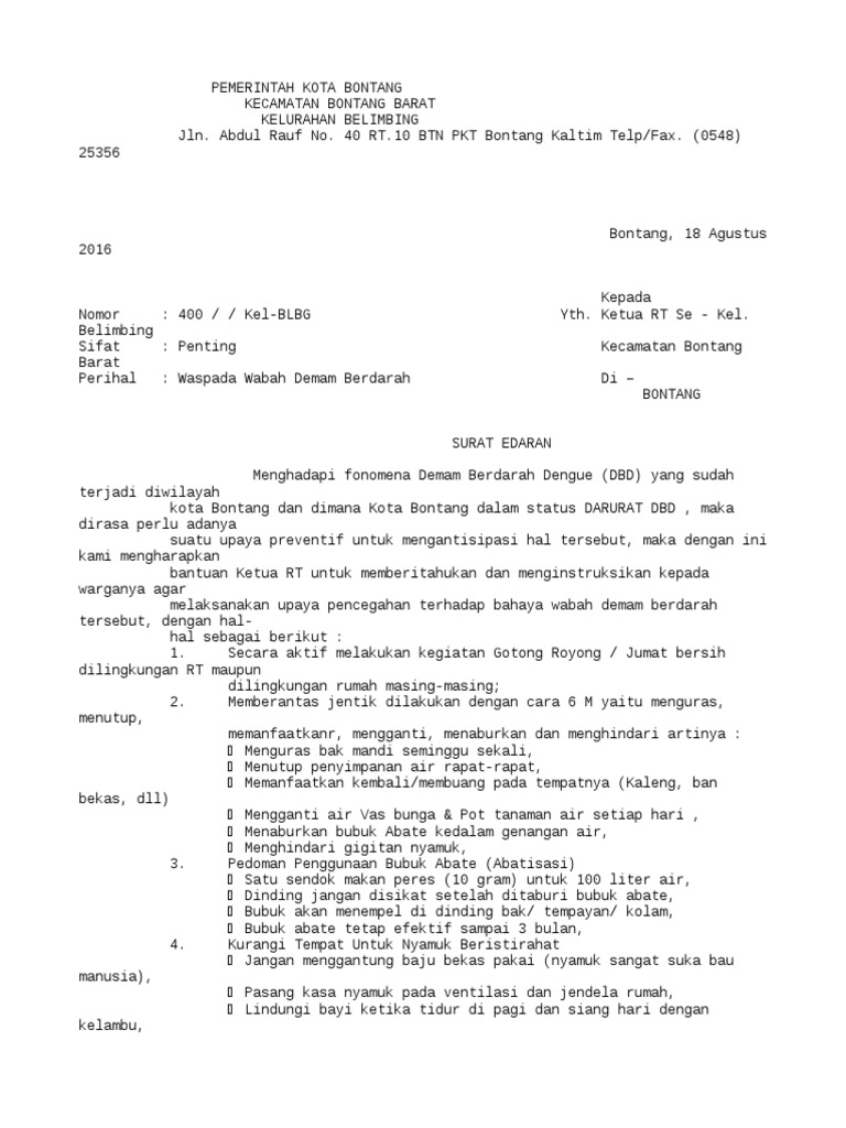 Surat Edaran Waspada Wabah Demam Berdarah | PDF