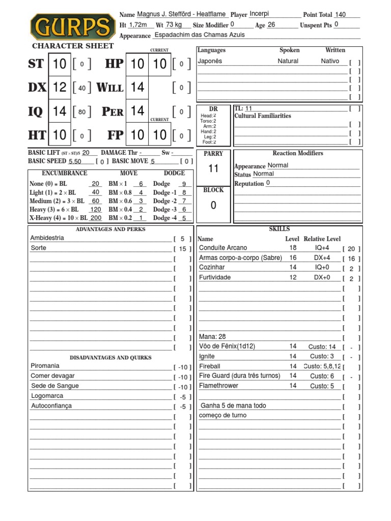 Exemplo de Ficha Sistema GURPS | PDF | Role Playing Games | Leisure