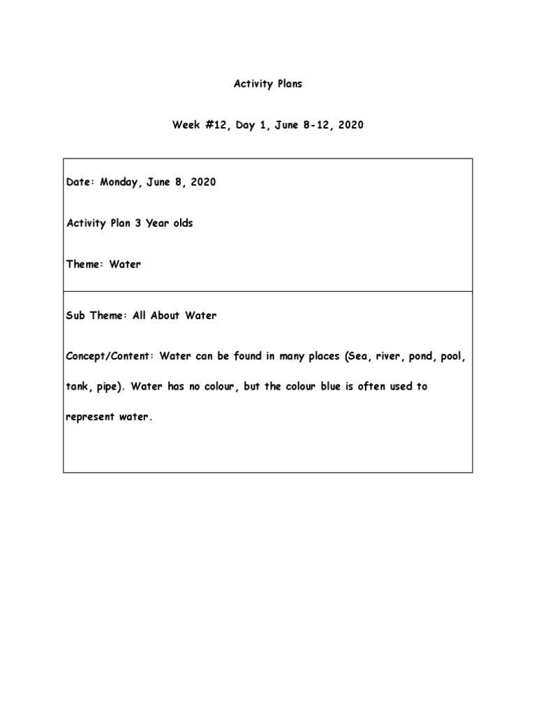 Activity Plan 3 Year Old - June 8 | PDF | Water | Nature