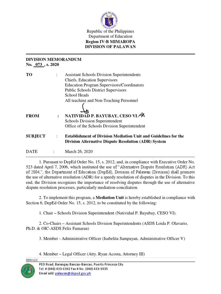 DIvision ADR Memo With Initial and Signature | PDF | Mediation ...
