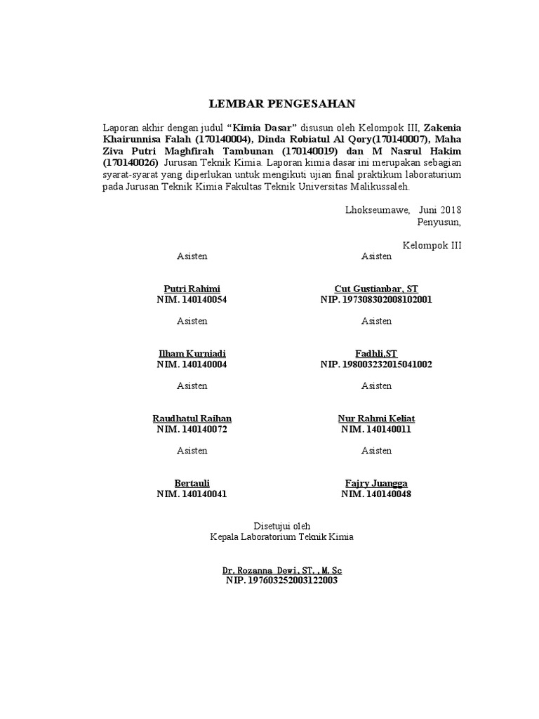 Lembar Pengesahan Kimdas | PDF