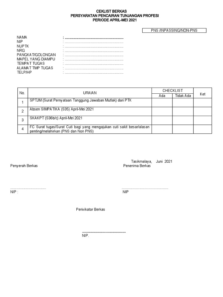 Pemberkasan TPG April Mei 20211. Ceklis Berkass 2021 | PDF