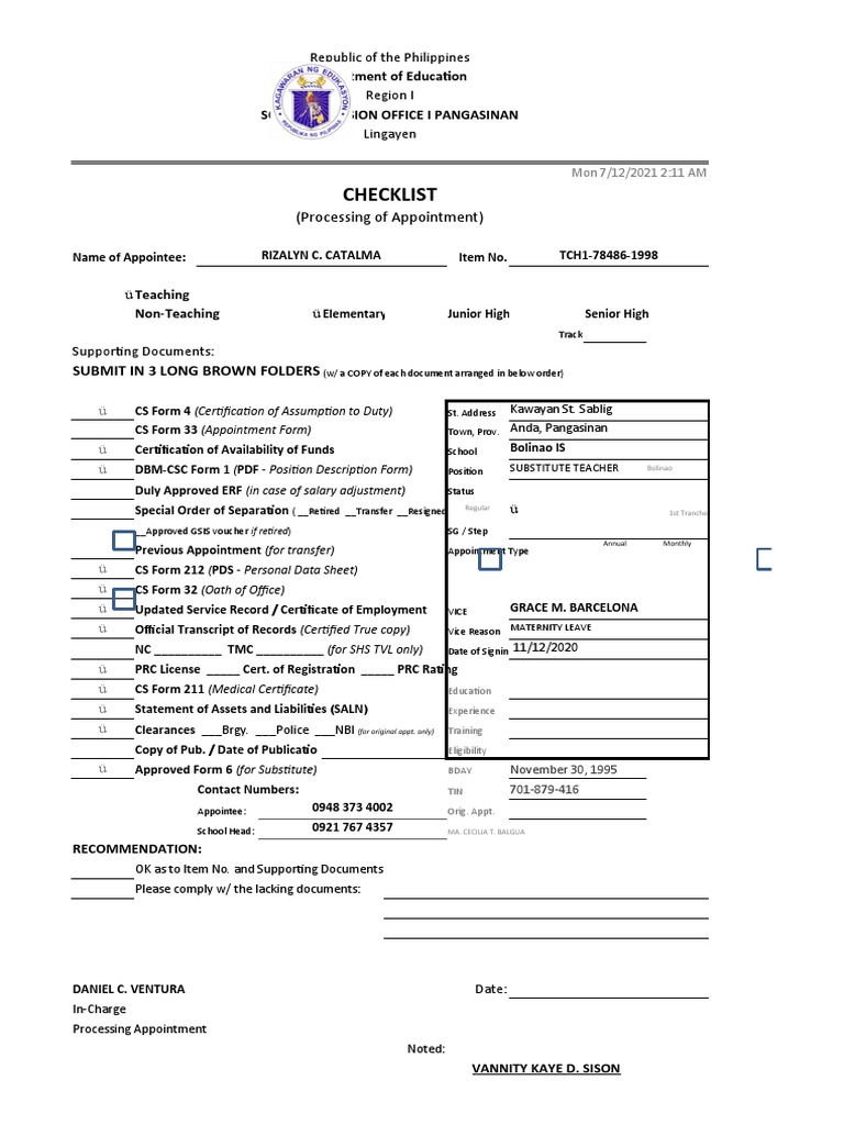 Checklist: (Processing of Appointment) | PDF | Teachers | Lesson Plan