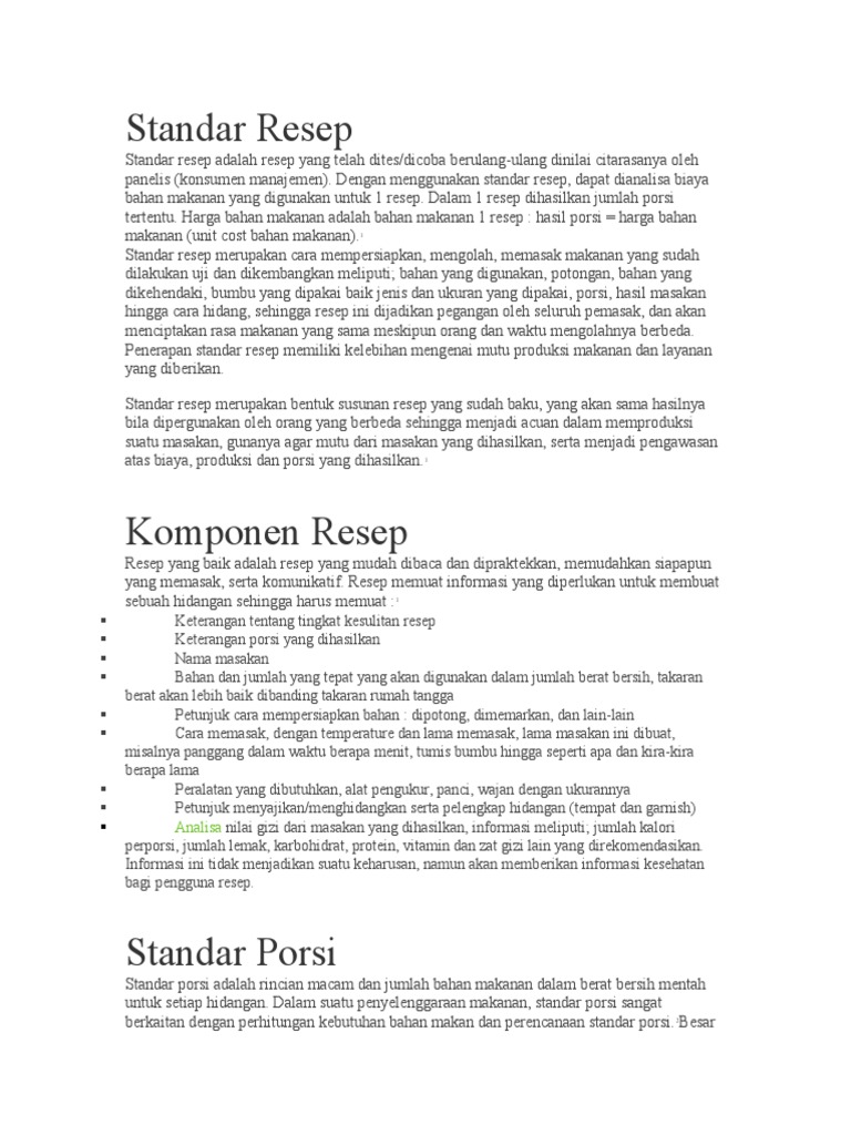 Standar Resep Dan Porsi | PDF