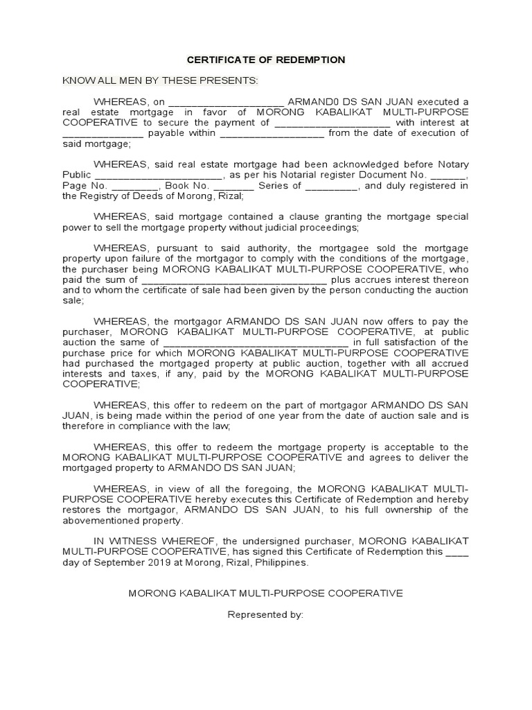 Certificate of Redemption | PDF | Mortgage Law | Urban