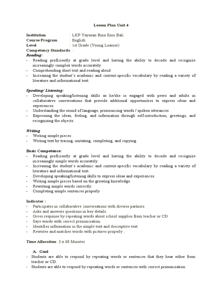 Lesson Plan Grade 1 Unit 4 | PDF | Vocabulary | Lesson Plan