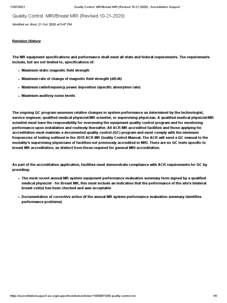 ACR MRI/Breast MRI QC Guidelines | PDF | Magnetic Resonance Imaging ...
