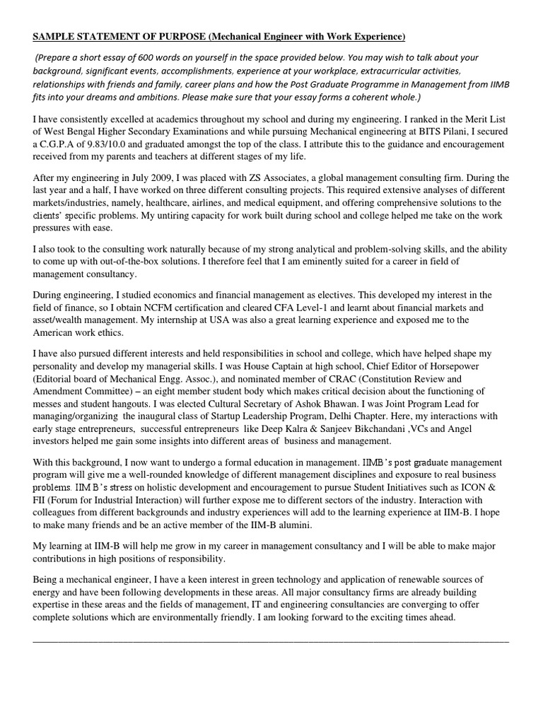 Sample SOP - Mechanical Engineer With Workex | Download Free PDF | Consultant | Engineering