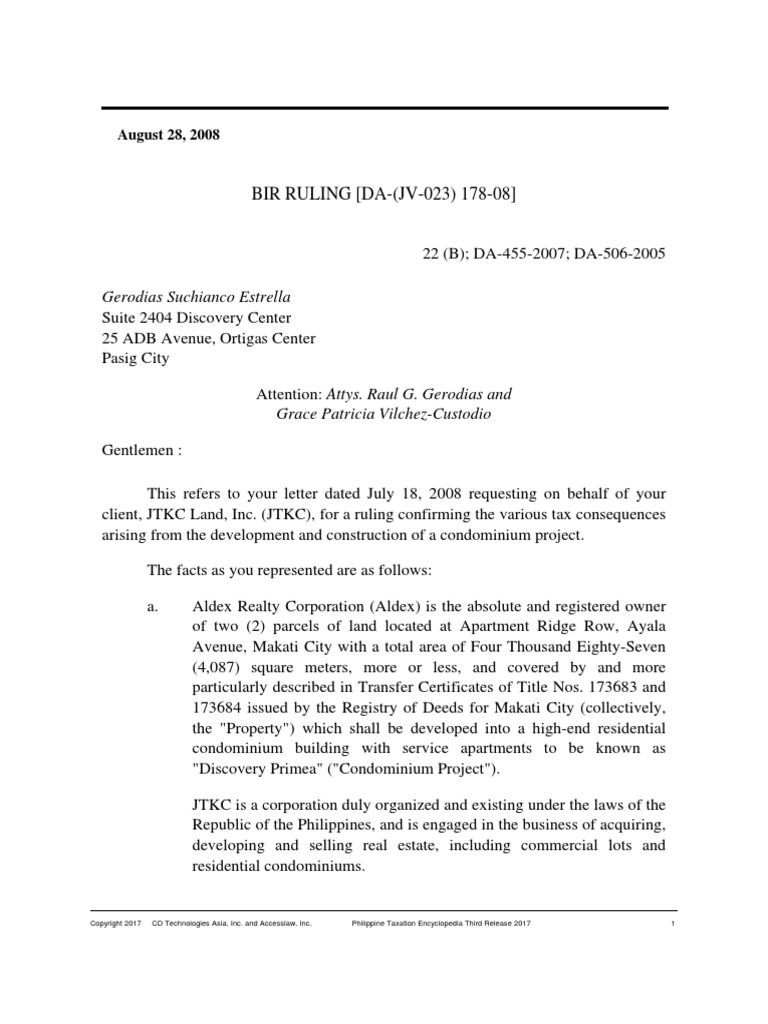 Bir Ruling (Da - (JV-023) 178-08) | PDF | Taxation In The United States ...