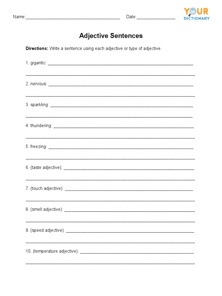 Adjective Sentence Writing Guide | PDF