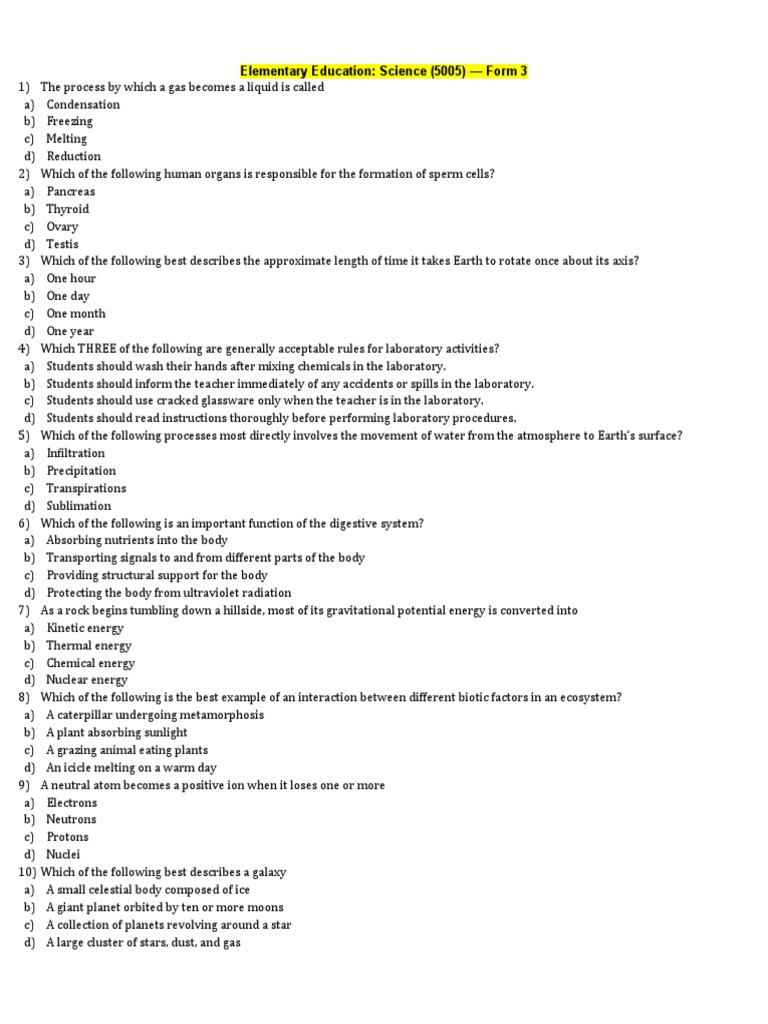 Elementary Education: Science (5005) - Form 3 | Download Free PDF ...