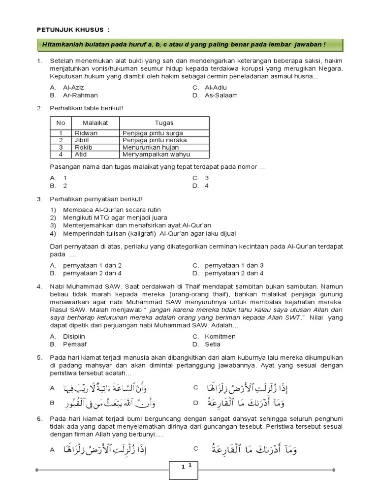Soal Try Out Agama Islam Kelas 6 | PDF