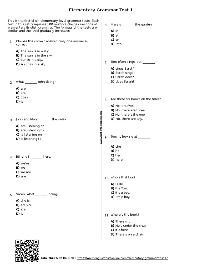 105 - Elementary Grammar Test 1 | PDF