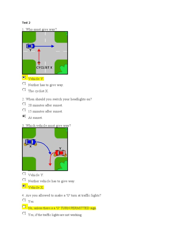 Washington Driving Test Practice Questions | PDF | Traffic | Traffic Light