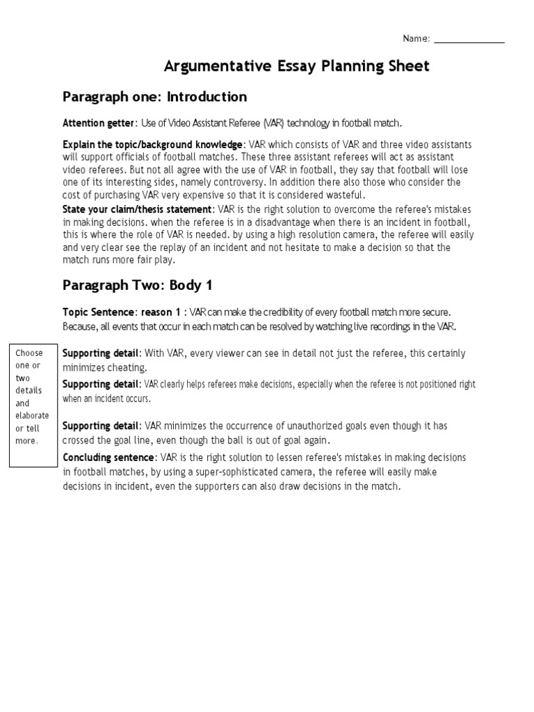 Argumentative Essay Planning Sheet: Paragraph One: Introduction | PDF ...