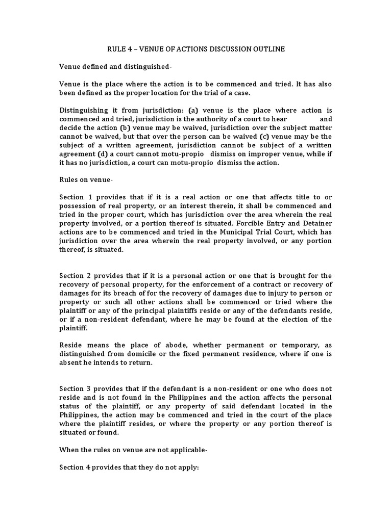 Rule 4 - Venue of Actions Discussion Outline | PDF | Venue (Law ...