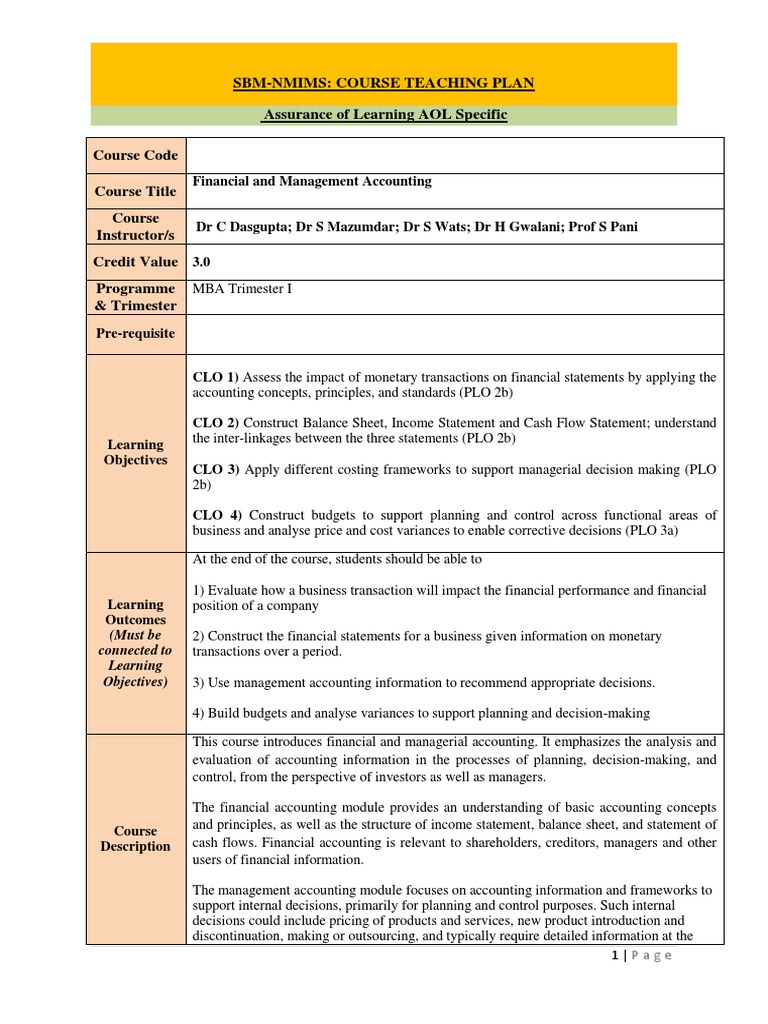 Financial and Management Accounting Course Outline - 2021-22 | PDF ...