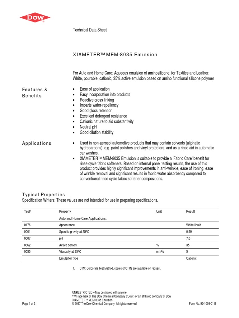 Xiameter MEM 8035 Emulsion TDS | PDF | Emulsion | Chemistry