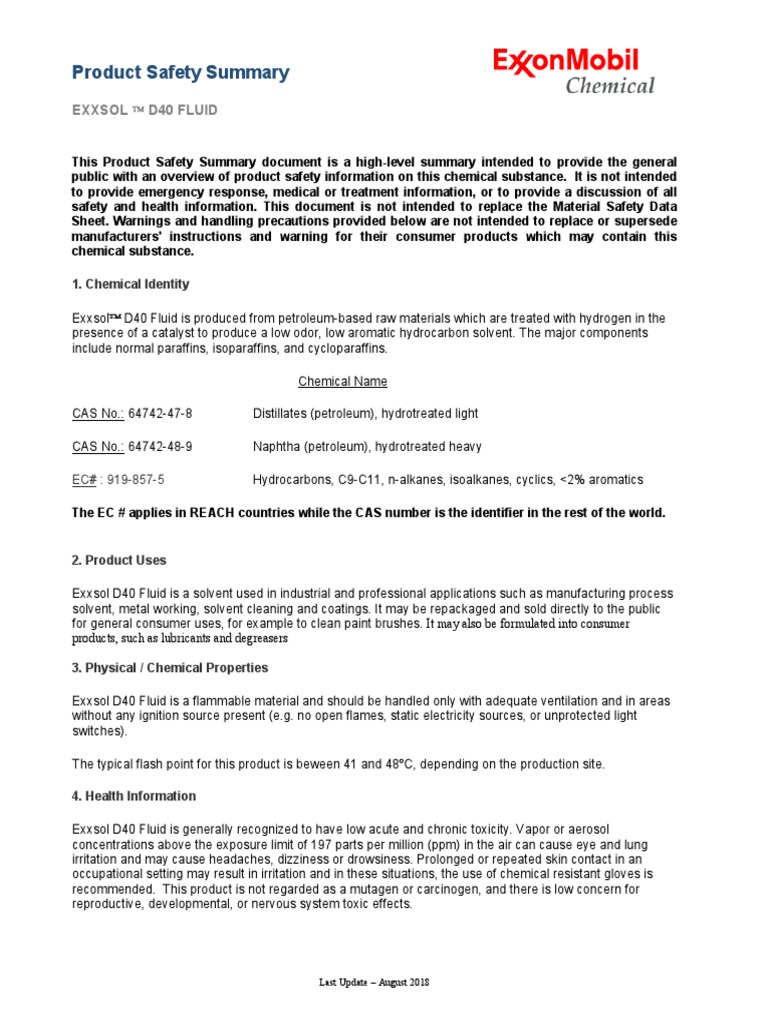 Exxsol d40 Fluid Product Safety Summary en | PDF | Toxicity | Volatile ...